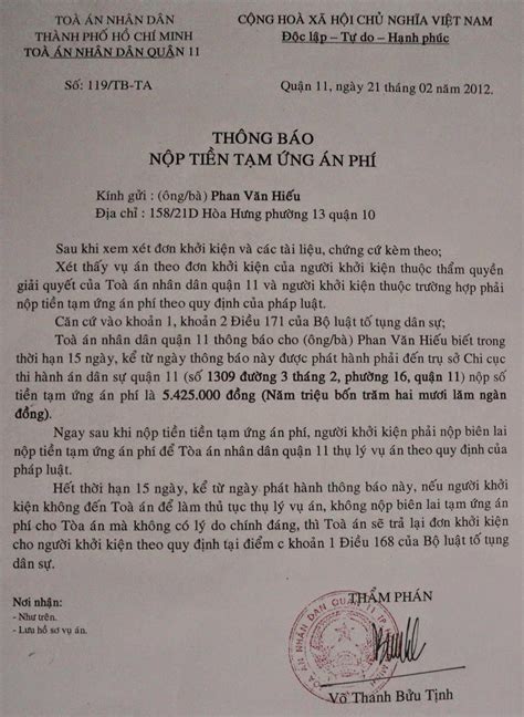 Công ty luật Ecolaw Thông báo nộp tiền tạm ứng án phí