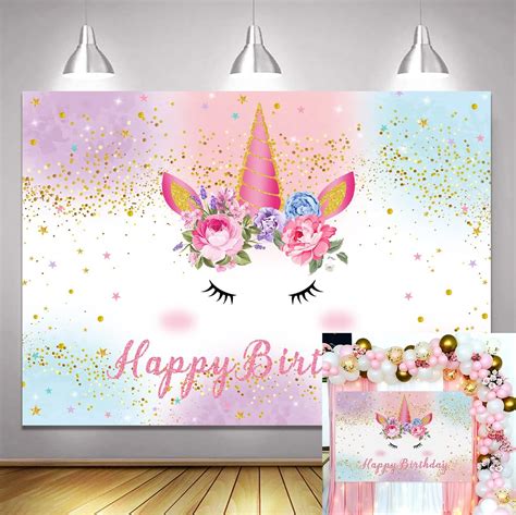 Pink Unicorn Birthday Backdrop Glitter Unicorn Flowers Party