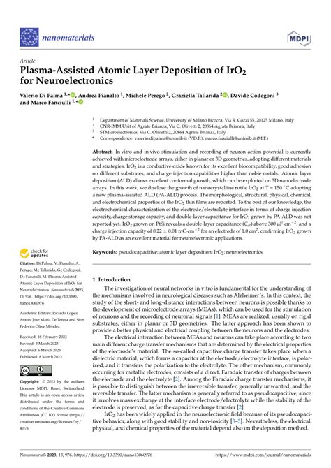 Pdf Plasma Assisted Atomic Layer Deposition Of Iro2 For Neuroelectronics