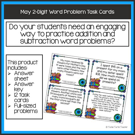 Addition And Subtraction 2 Digit Spring Word Problem Task Cards May