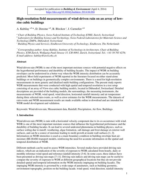 Pdf High Resolution Field Measurements Of Wind Driven Rain On An Array Of Low Rise Cubic Buildings