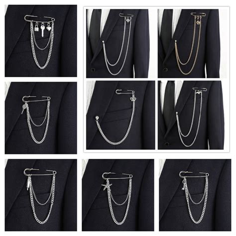 Brooch Men Trendy Long Chain Brooch Suit Accessories Pin Mens