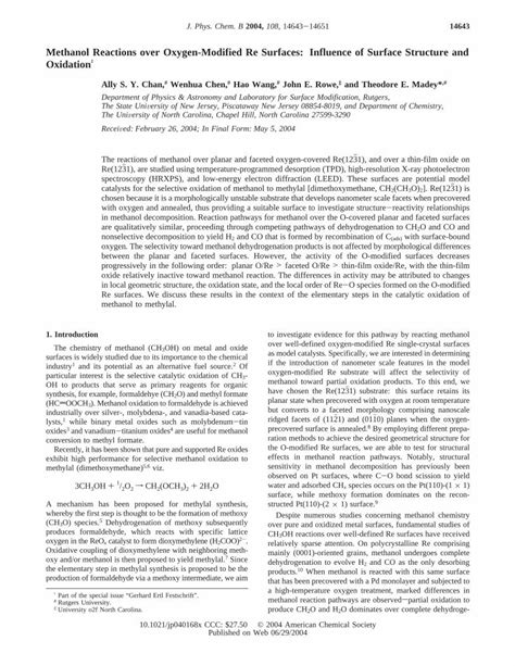 Pdf Methanol Reactions Over Oxygen Modified Re Surfaces Influence Of
