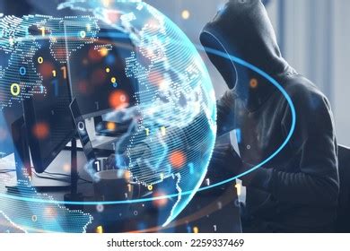 Side View Hacker Using Computers Desktop Stock Photo