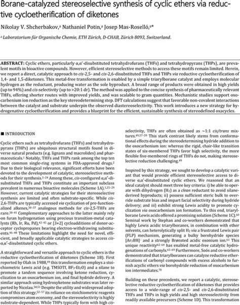 Borane Catalyzed Stereoselective Synthesis Of Cyclic Ethers Via Reductive Cycloetherification Of