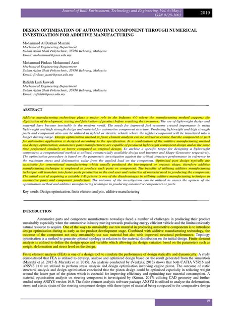 Design Optimization Of Automotive Component Through Numerical Investigation For Additive