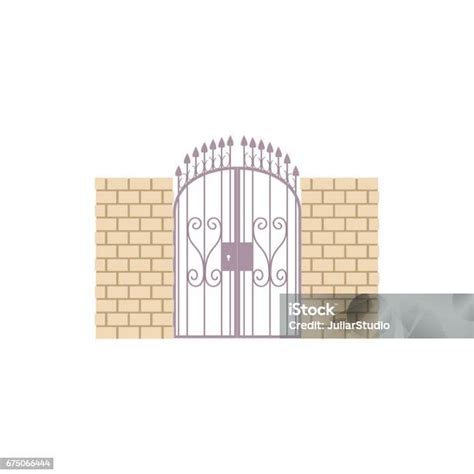 Gerbang Dengan Dinding Bata Dan Ikon Kisi Logam Ilustrasi Stok Unduh