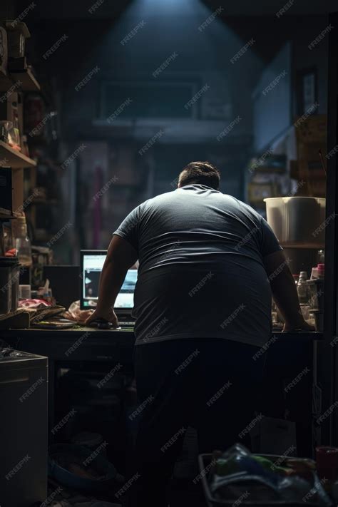Premium Photo View From Behind Of Fat Man Playing Pc In A Table With