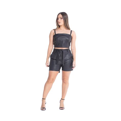 Short De Couro Preto Feminino Na Parra Couros