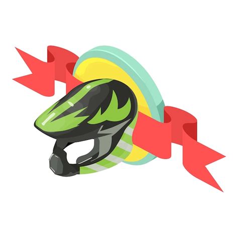 Icono de casco de carreras vector isométrico casco en el fondo del escudo con cinta concepto de