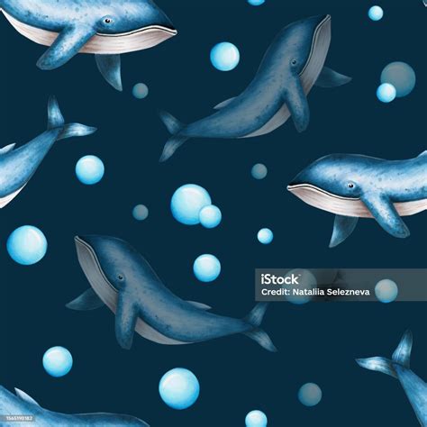 흰 배경에 분리된 푸른 고래가 있는 수채화 매끄러운 패턴 현실적인 북극과 남극 해양 포유류를 손으로 그립니다 디자이너 장식 엽서 포장지 스크랩북 표지 로고 초대장 포스터 및