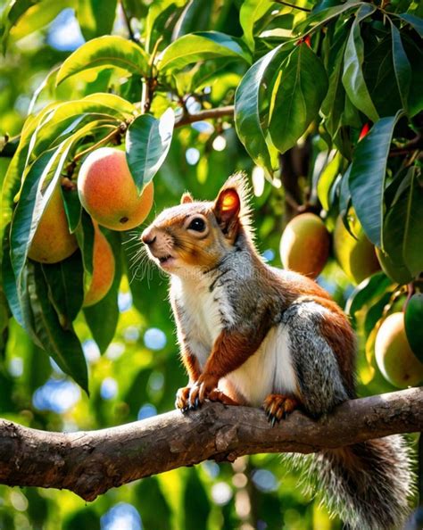 An Illustration Of A Squirrel On A Tree Branch Bearing Ripe Fruit With