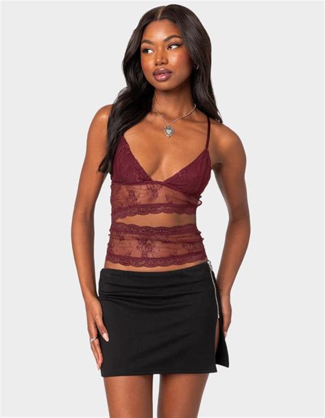 Edikted Spice Cut Out Sheer Lace Tank Top Dk Red Tillys