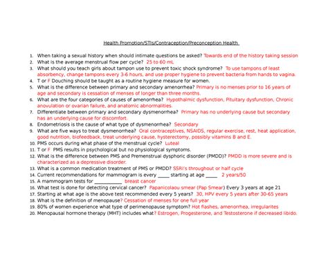 Health Quiz Sexual History Menstrual Cycle Contraception Studocu