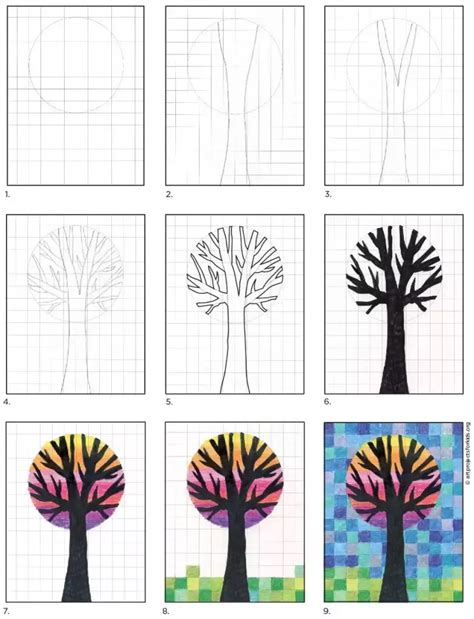 How To Draw Circle Grid Tree Art And Grid Tree Coloring Page Fall Art Projects Colorful Art