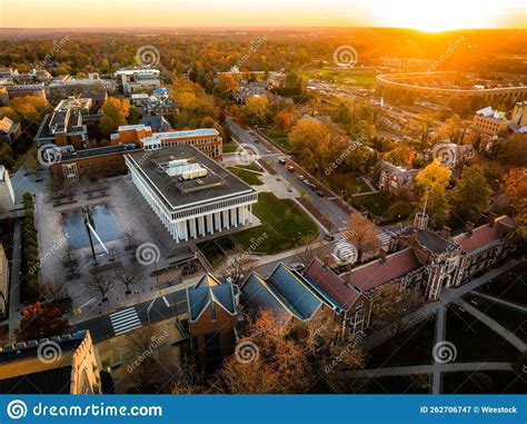 Drone View Of Golden Sunrise Over Princeton New Jersey Cityscape With