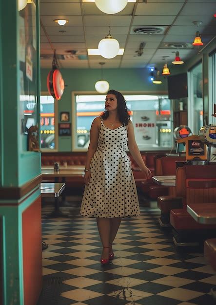 Woman In A Retro Diner With Checkered Floor And Red Booths Premium Ai