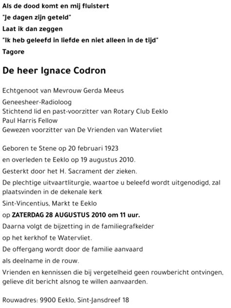 Ignace Codron † 19082010 Inmemoriam