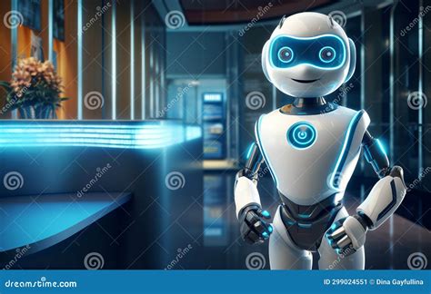 Friendly Robot Assistant Welcoming Guests In Modern Lobby Stock Image