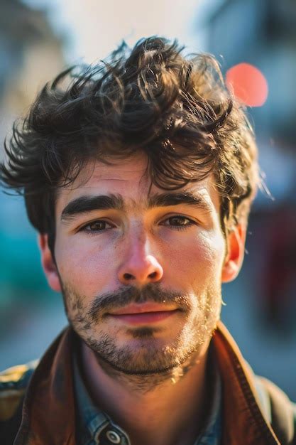 Portrait Of A Handsome Young Man With Curly Hair In The City Premium