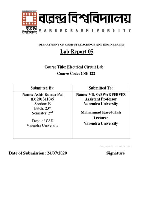 Lab Report 05 Course Title Electrical Circuit Lab Course Code Cse 122 Pdf
