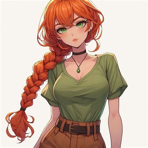 왼쪽으로 땋은 주황색 머리의 여자 녹색 눈 연두색 반팔티를 입고 있다 갈색 바지를 입고 검은색 부츠를 신고 있다
