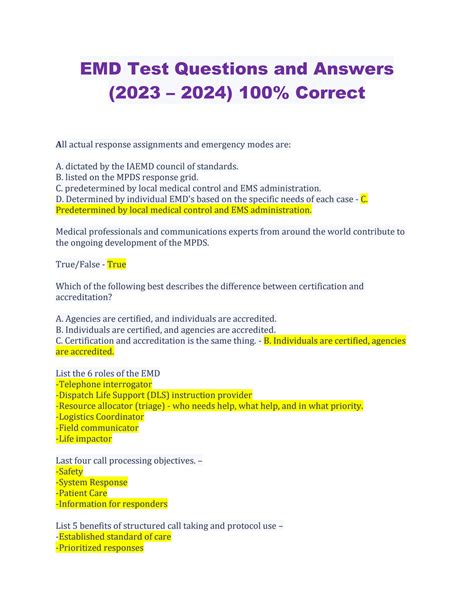 SOLUTION Emd Test Questions And Answers 2023 2024 100 Correct Studypool