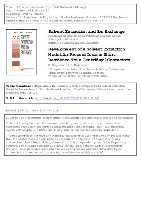 Pdf Development Of A Solvent Extraction Model For Process Tests In Short Residence Time