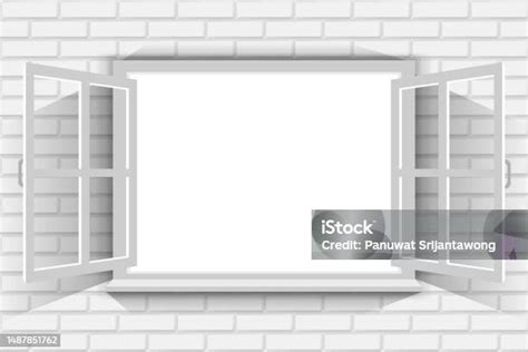 빈 흰색 배경으로 벽돌 벽에 흰색 창을 엽니다 디자인을 위한 공간을 복사합니다 벽에 대한 스톡 벡터 아트 및 기타 이미지 벽 창틀 흰색 Istock