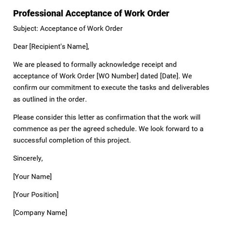 Work Order Acceptance Letter Sample