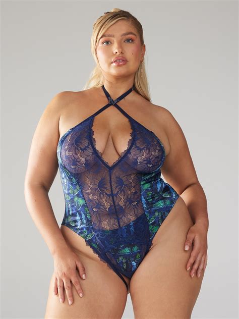 Baroque Butterfly Lace Crotchless Teddy In Blue Savage X Fenty