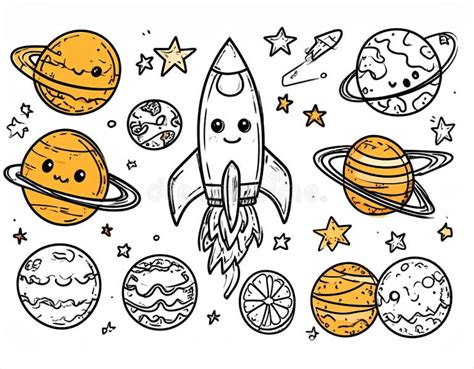 A Doodle Of A Space Scene With Planets Stars And A Rocket Flying