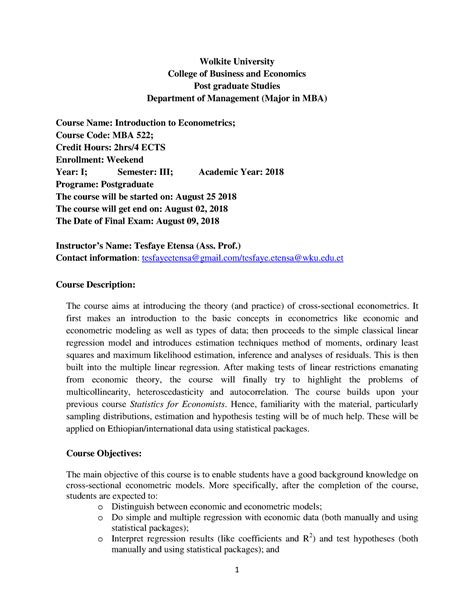 Econometrics Course Outline Wolkite University College Of Business