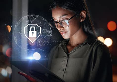 Tablet Global Security And Woman In Hologram For Data Safety Software