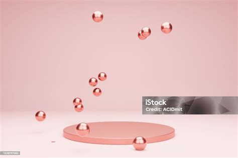 금속 거품제품 프레젠테이션을 위한 연단 차분한 파스텔 색상의 3d 모델링 씬 간단한 기하학적 3d 요소로 빈 쇼케이스 모형