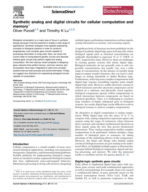 Pdf Synthetic Analog And Digital Circuits For Cellular Computation