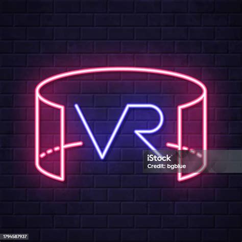 Vr 가상 현실 벽돌 벽 배경에 빛나는 네온 아이콘 360도 촬영에 대한 스톡 벡터 아트 및 기타 이미지 360도 촬영 3