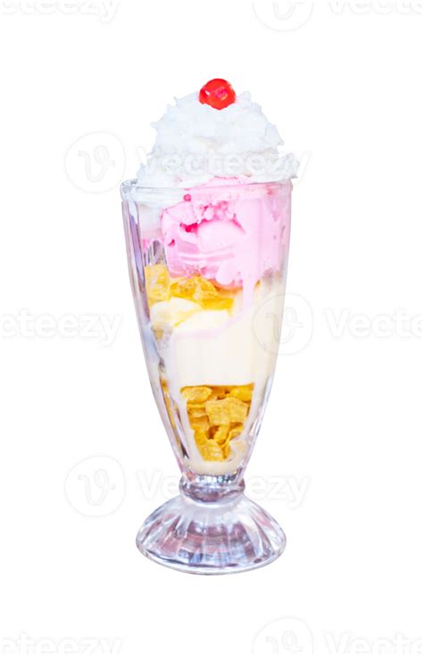 Red Cherry And White Whipped Cream On Top In Vanilla And Strawberry Ice