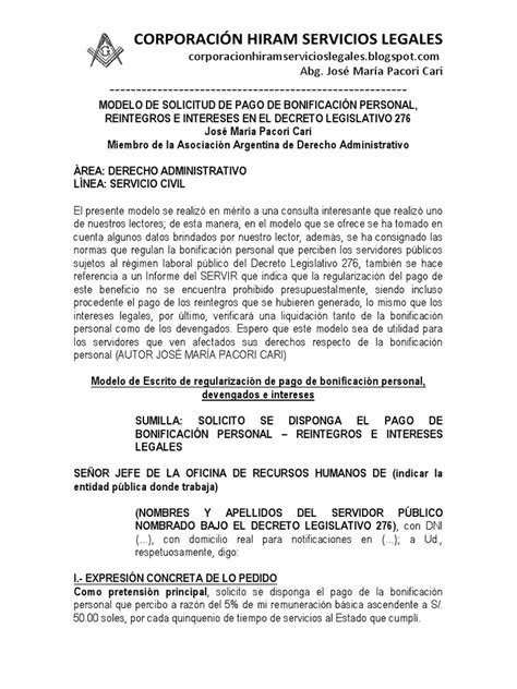Modelo De Solicitud De Pago De Bonificación Personal Reintegros