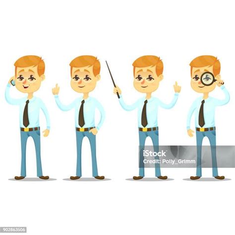 Vector Illustration Funny Cartoon Guy With Glasses In Various Poses