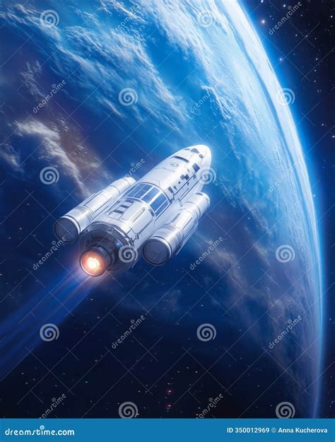 Spacecraft Launching Into Earth S Orbit With Blue Planet Below Stock Illustration Illustration