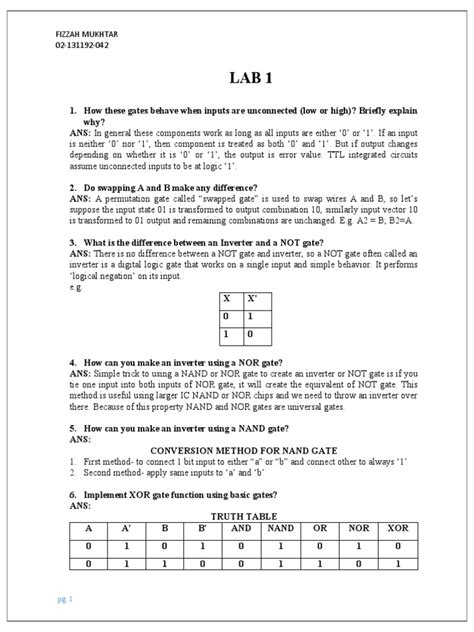 Lab 1 Pdf Logic Gate Electronic Engineering