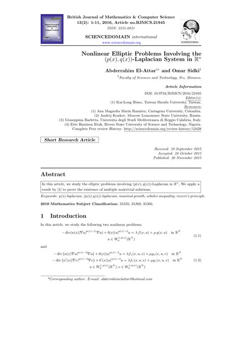Pdf Nonlinear Elliptic Problems Involving The Px Qx Laplacian