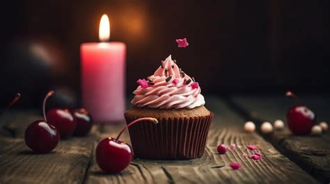 Premium Photo Birthday Cupcake With Candle And Pink Decoration