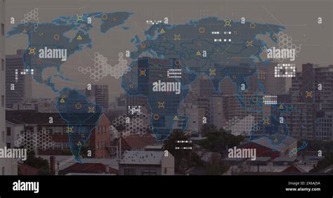 Digital Map Overlaying Cityscape Showing Various Data Points Stock