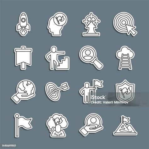 깃발 방패 계단 마무리 표적 깃발 로켓 우주선 및 돋보기로 산 줄을 설정하여 검색 아이콘을 표시합니다 벡터 0명에 대한 스톡 벡터 아트 및 기타 이미지 Istock