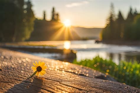Premium Photo A Flower On A Log With The Sun Setting Behind It