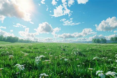 Field With Lush Green Grass And White Flowers Under A Clear Blue Sky