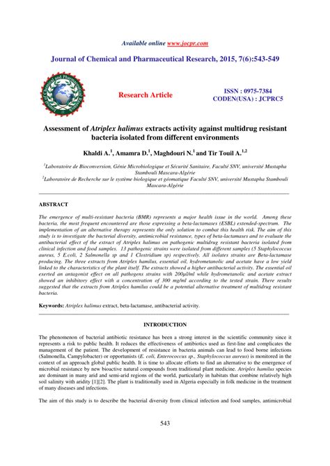 Pdf Assessment Of Atriplex Halimus Extracts Activity Against Multidrug Resistant Bacteria