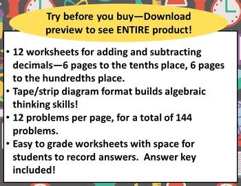 Th Grade Tape Strip Diagram Worksheets For Adding And Subtracting Decimals